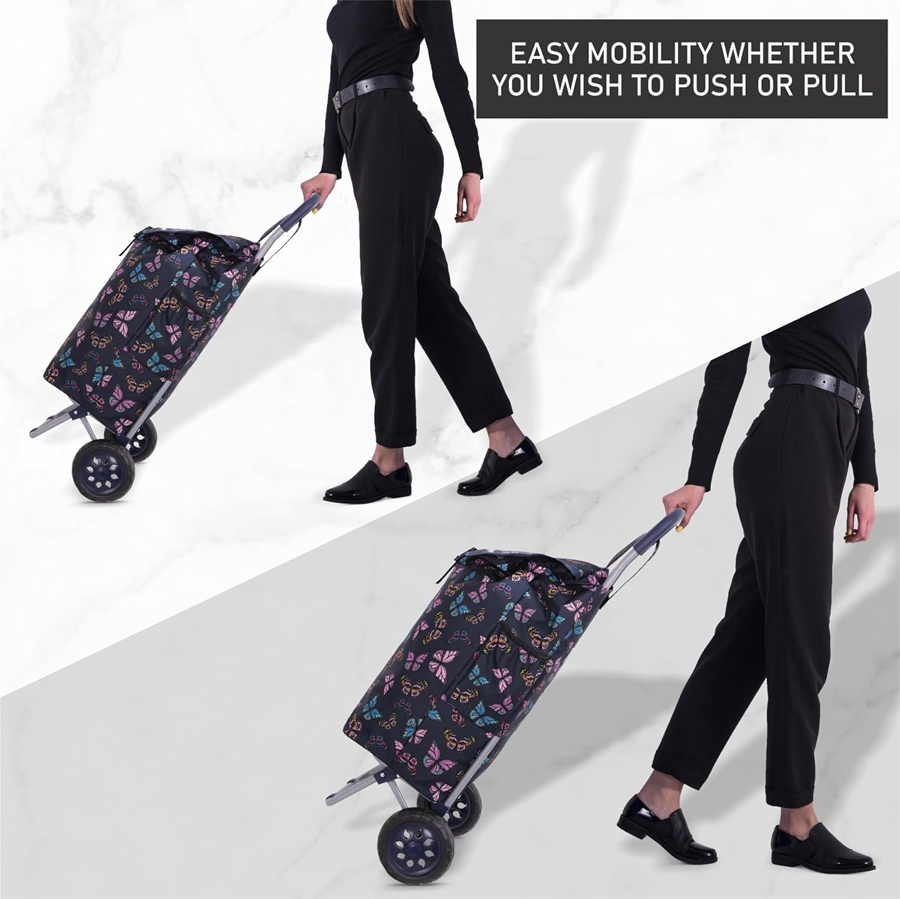 Hoppa Navy Butterflies Large 57 Litre Capacity 2 Wheel Folding Shopping ...